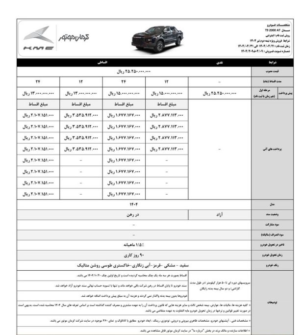 شرایط فروش نقد و اقساط پیکاپ KMC T9 کرمان موتور - تیر 1404 | گجت نیوز